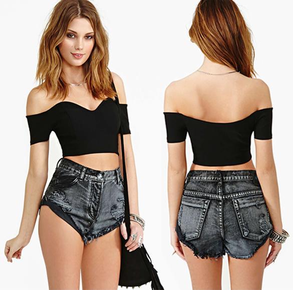 Womens Ladies Sexy Short Sleeve Off Shoulder Crop T Shirt Tops Tees