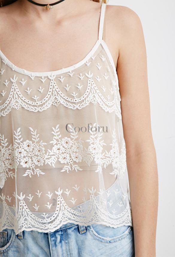 Women Lace Floral See Through Sleeveless Cami Tank Tops Blouse T Shirt